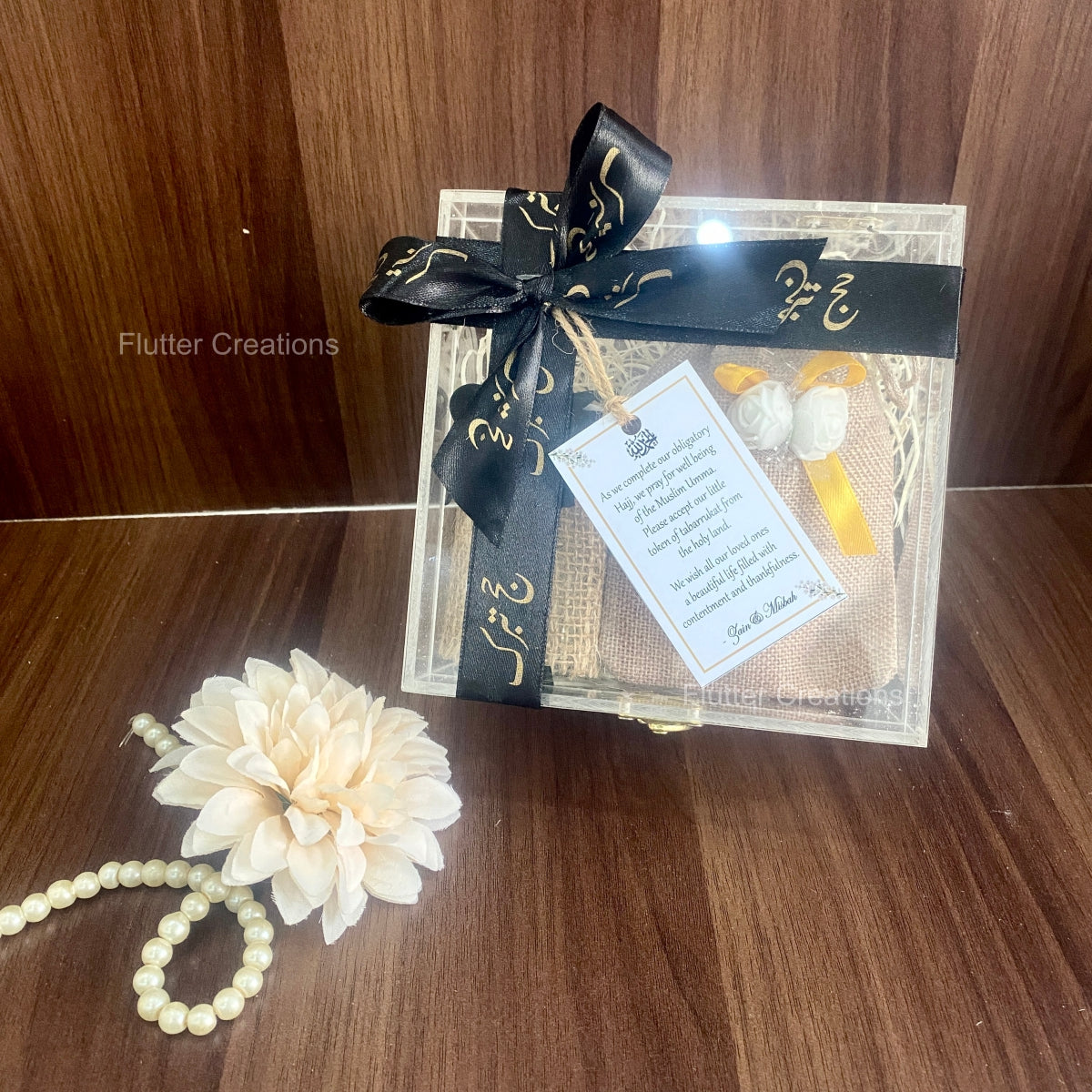 Acrylic box with Hajj Ribbon & Customized Tag – fluttercreations