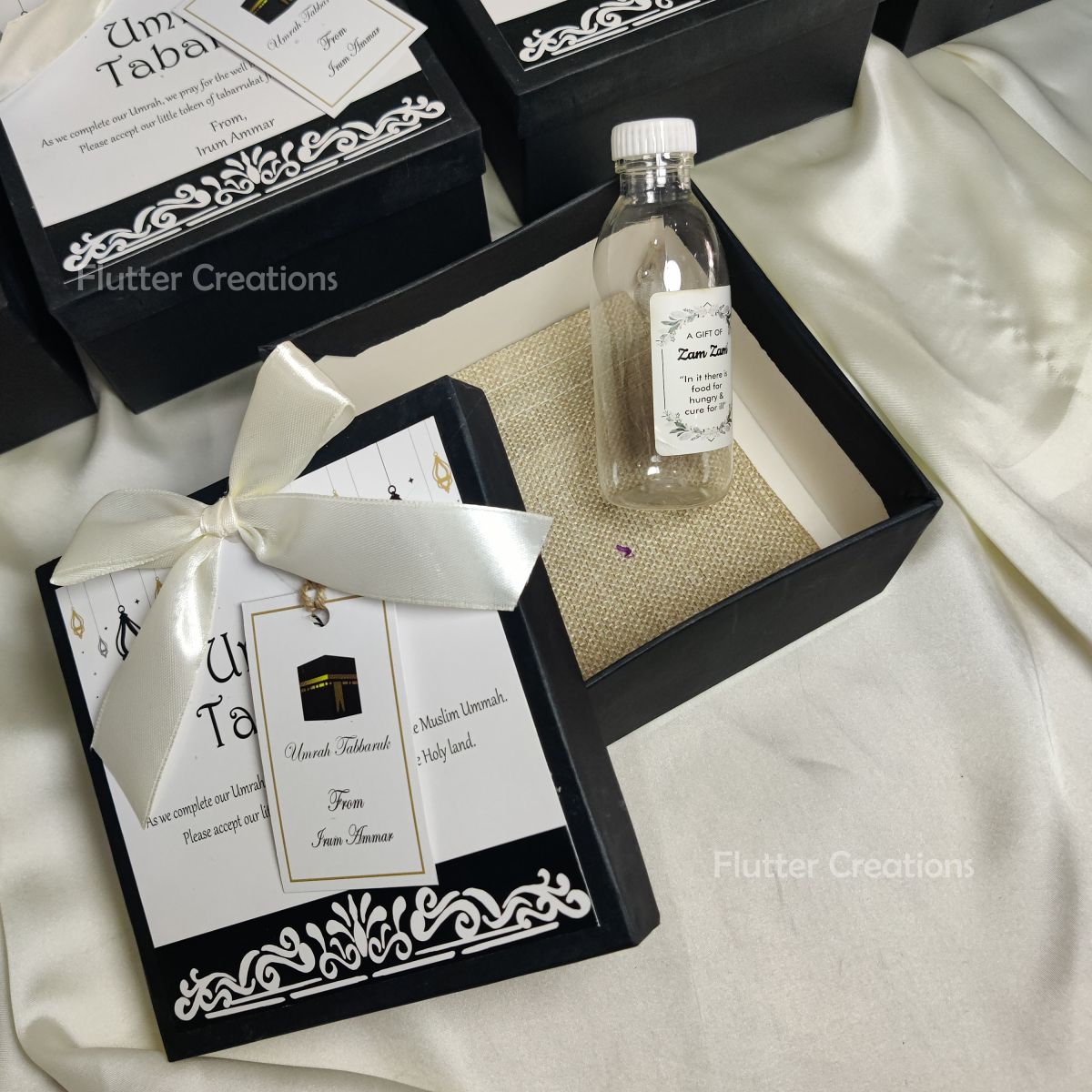 Black Umrah Tabaruk Box with Ribbon and Top Print – Flutter Creations
