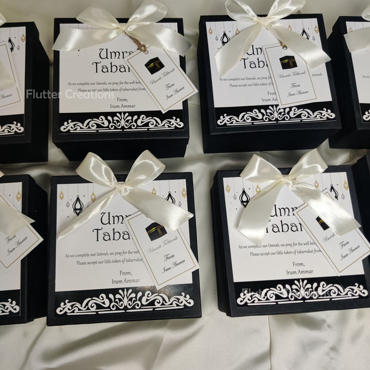 Black Umrah Tabaruk Box with Ribbon and Top Print – Flutter Creations