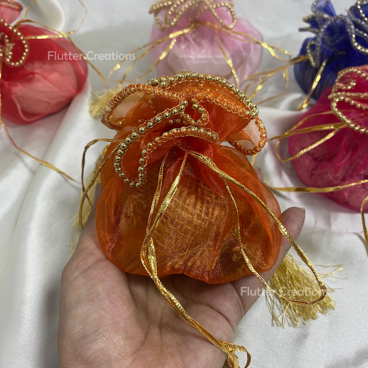 Organza Pouch with Golden Beaded Lace (Multi Color) – fluttercreations
