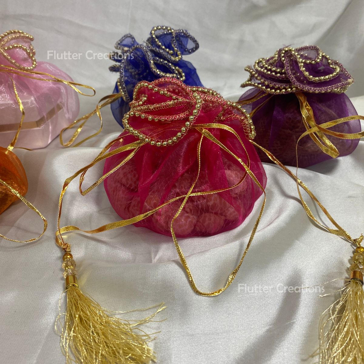 Organza Pouch with Golden Beaded Lace (Multi Color) – fluttercreations